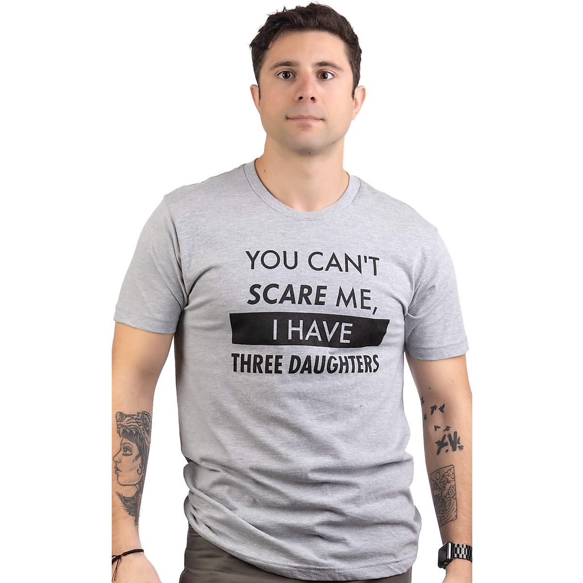 Ann Arbor T-shirt Co. You Can't Scare Me, I Have Three Daughters Funny Dad Daddy Joke Men T-Shirt - Medium, Vintage Grey
