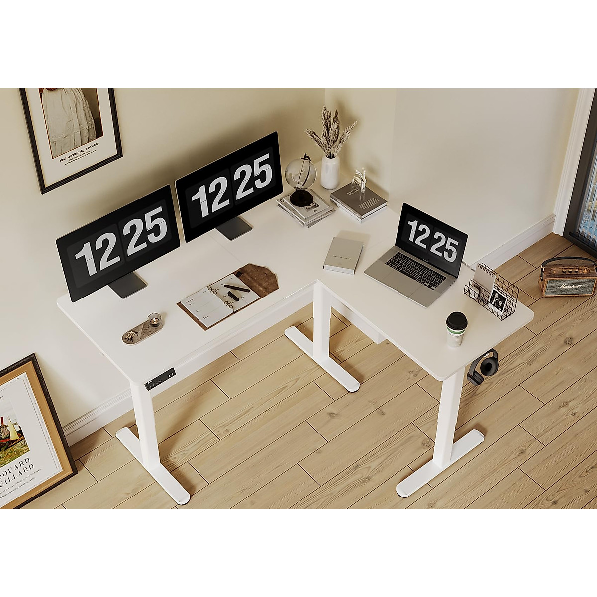 Claiks L Shaped Standing Desk Adjustable Height, Dual Motor Electric Corner Standing Desk, 63x55 inch Sit Stand up Desk with Splice Board, White