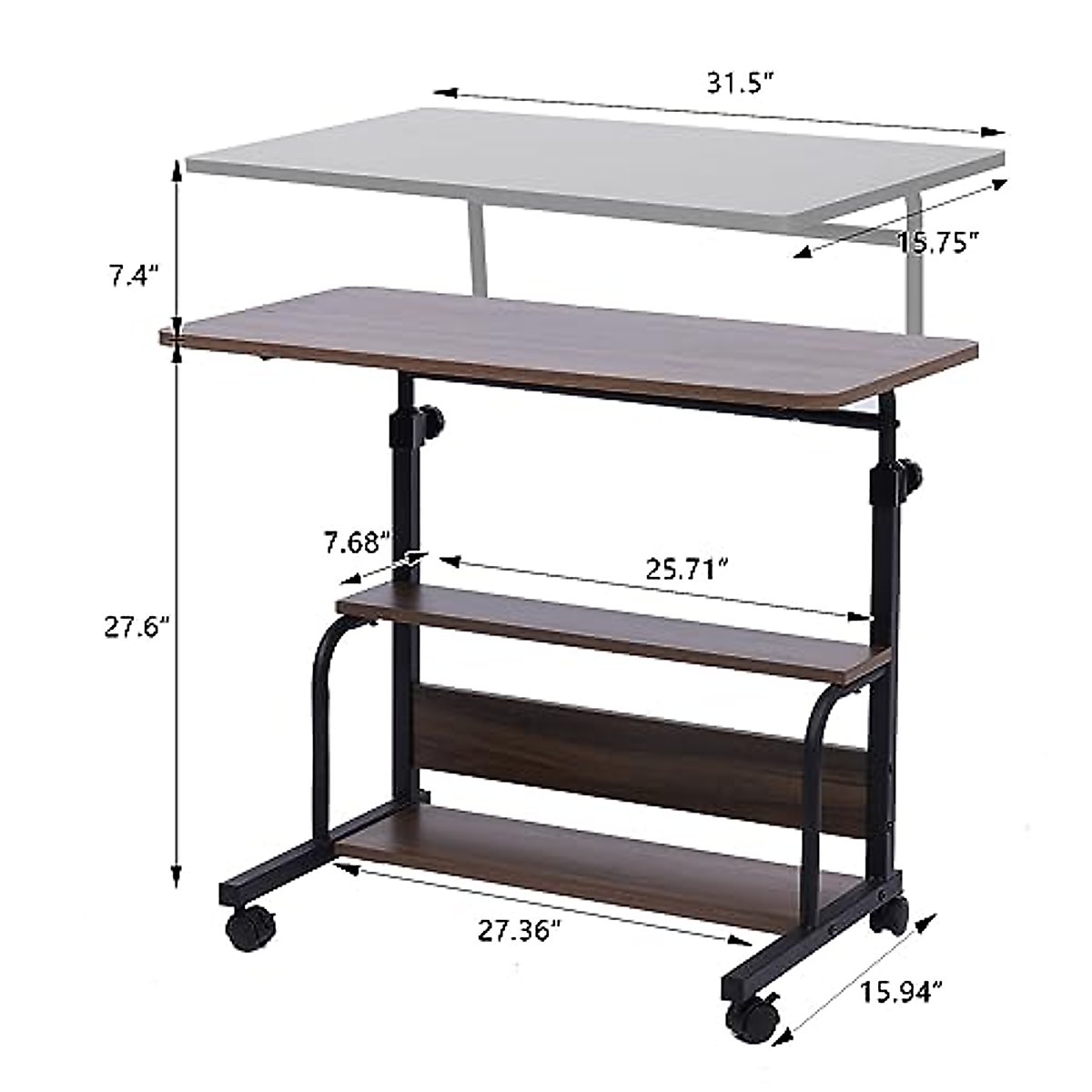 Portable Desk Small Desks for Small Spaces Laptop Table Brown Rolling Adjustable Desk on Wheels Mobile Couch Desk for Bedroom Home Office Computer Standing Desk Student Desk with Storage 32x16 Inch