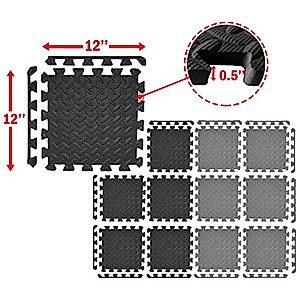 A2ZCARE Puzzle Exercise Mat with EVA Foam Interlocking Tiles - Interlocking Floor Mats for Gym Equipment - Ideal for Home Gym, Aerobic, Yoga and Pilates (Black and Gray (12pcs with Border Tiles))