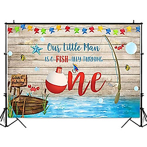 Mocsicka Gone Fishing Birthday Party Backdrop O-Fish-Ally 1st Birthday Party Decoration for Boy Rustic Wooden Cake Smash Photography Background (7x5ft)