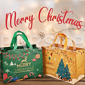 PARSUP 8PCS Christmas Bags,Christmas Tote Bags with Handles, Xmas Treat Bags, Multifunctional Non-Woven Bags for Gifts Wrapping Shopping, Basket Party Supplies, 12.8"×9.8"×6.7"