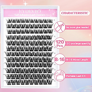 Self Adhesive Eyelashes, Lash Clusters Self Adhesive DIY Lash Extension 120 pcs Reusable Individual Lashes No Glue 8-16mm Mixed Length Press on Lashes Reusable Cluster Lashes Self Apply by EYDEVRO