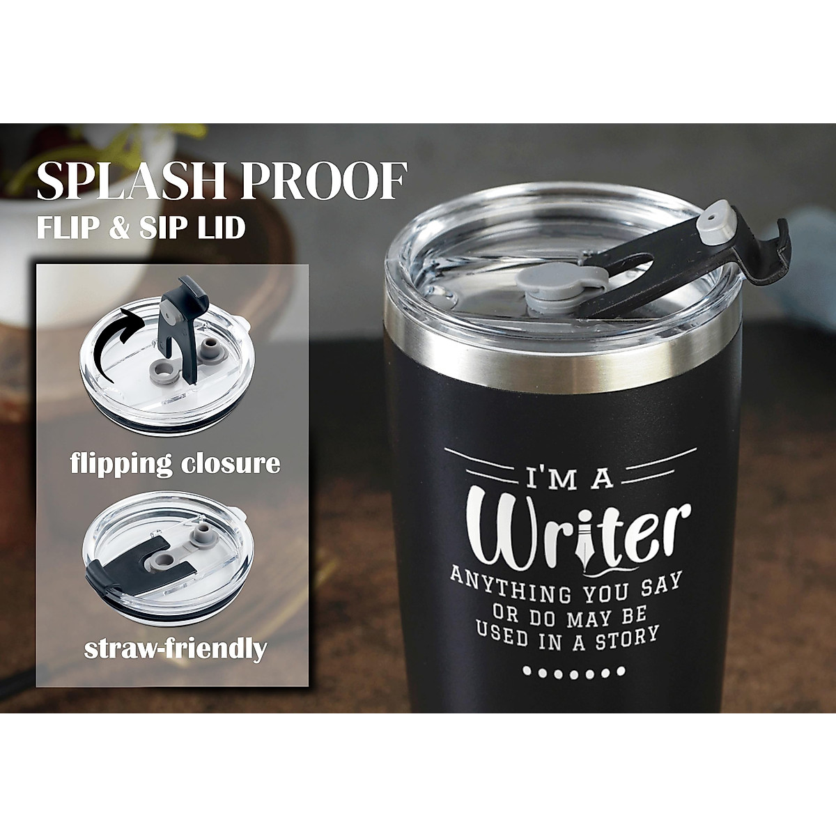 Onebttl Writer Gifts for Women/Men - 20oz/590ml Stainless Steel Insulated Tumbler with Straw - Graduation/Birthday/Christmas Gift for Writers, Novelist, Scriptwriter - Story, Black