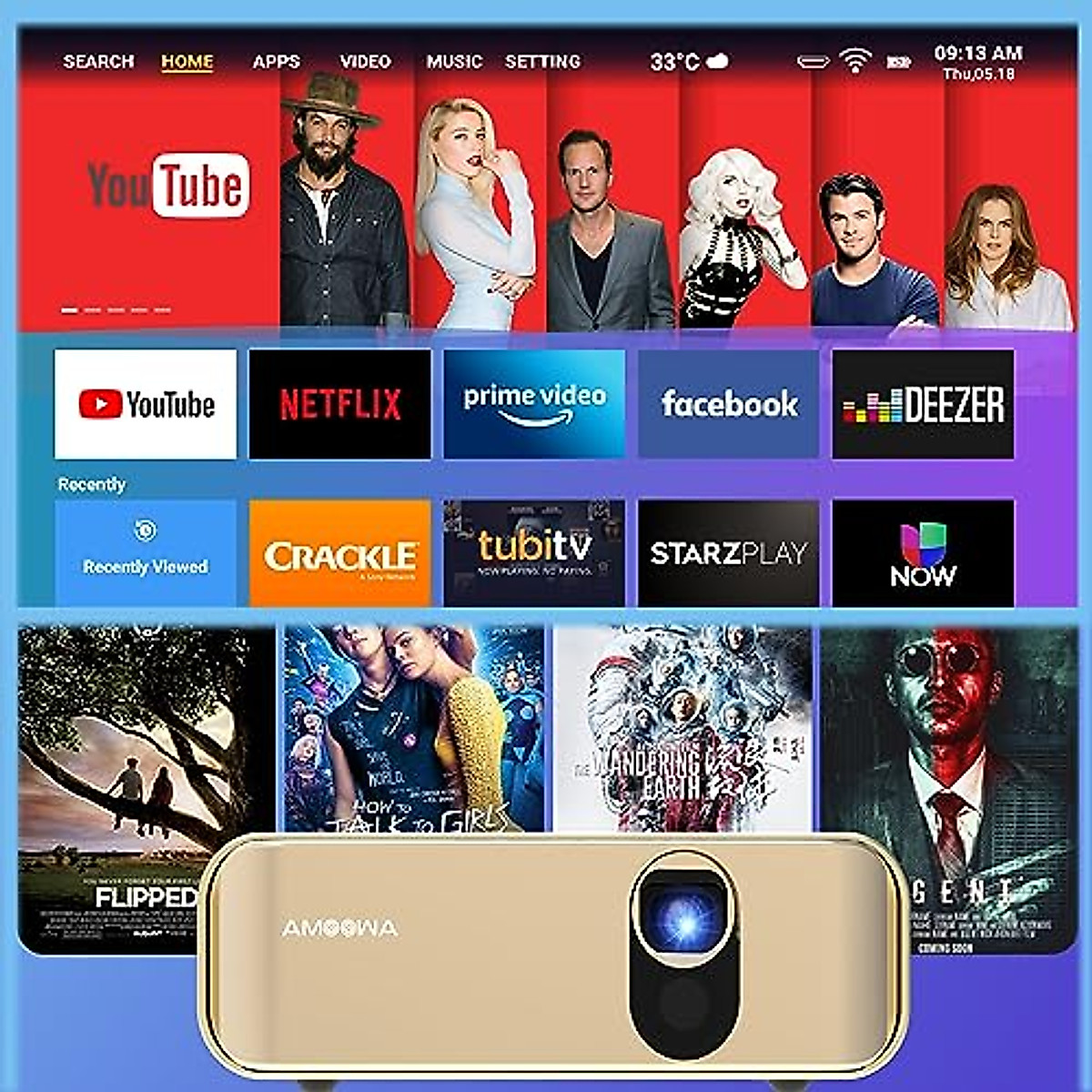 AMOOWA Mini Projector with WIFI and Bluetooth for iphone , 200ANSI DLP Mini Pocket Pico Projector - Built in Rechargeable Battery & Speaker, 1080P Support Portable Wireless LED DLP Movie & Video Gold