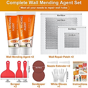 Mckanti 2 Pcs Drywall Repair Kit, Spackle Plaster Wall Repair kit Drywall Hole Patch Kit with Wall Mending Agent, Scrapers, Large Hole Drywall Patch, Sandpaper and Gloves for Wall Surface Crack Fill