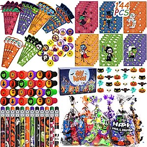 SURCVIO 168pcs Halloween Party Favors Stationery Set for Kids, Halloween Goody Bag Fillers Including Pencil, Eraser, Ruler, Notepad, Stamper, Sticker, Halloween Stationery Kit for Kids Trick or Treat