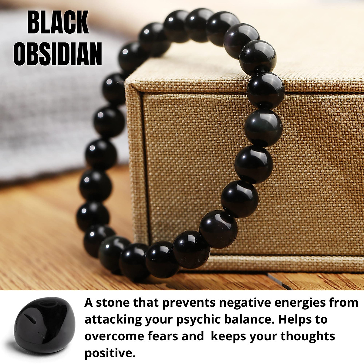 Crystal Vibe Black Obsidian Bracelet - Healing Crystal Bracelet for Spiritual Healing Positive Energy Stress Relief– 8mm Round Black Beaded Bracelets for Women Men - Elastic Adjustable Size
