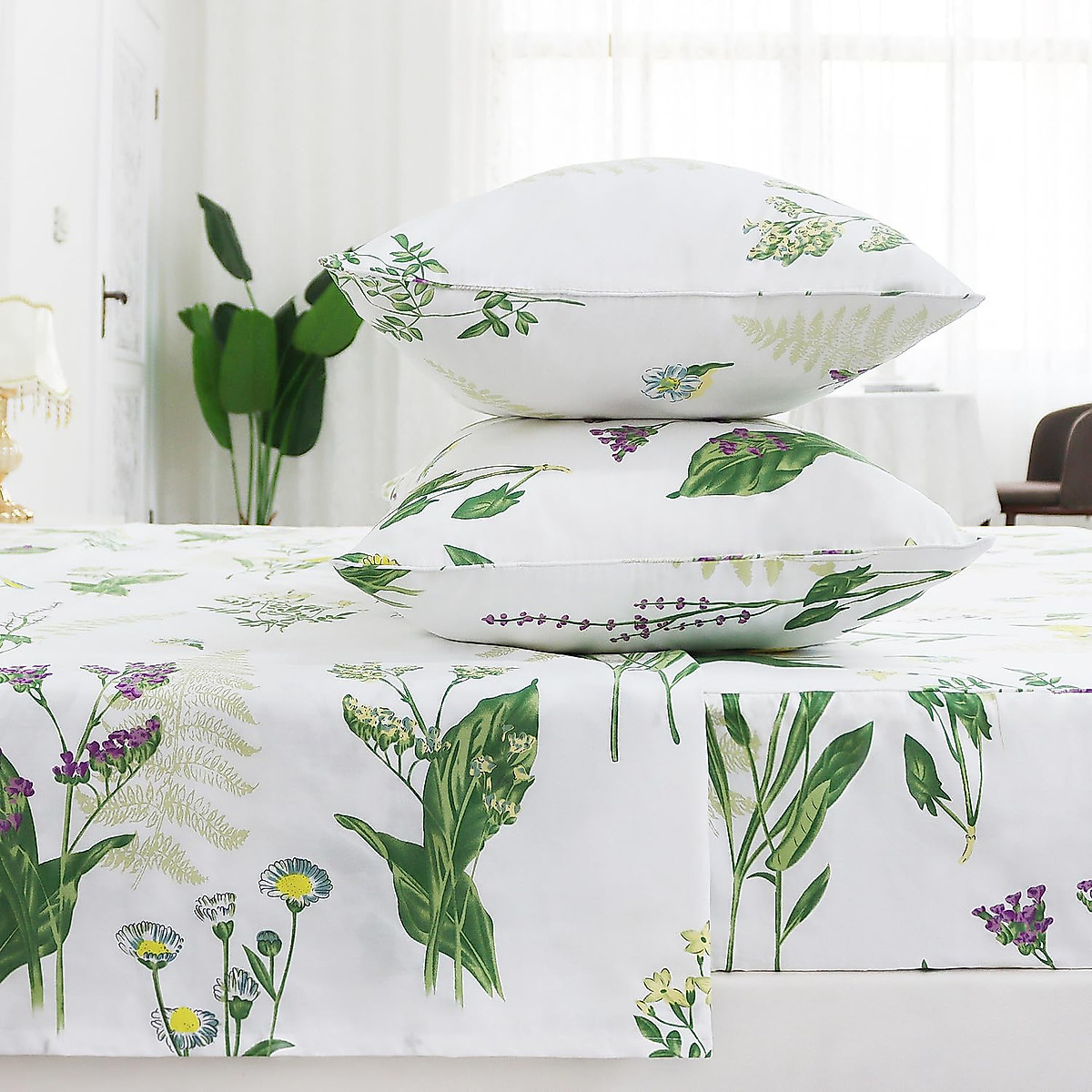 FADFAY California King Size Sheets Set Premium 100% Cotton Green Floral Bed Sheet Botanical Lavender Leaf Daisy White Deep Pocket Fitted Sheet Soft Shabby Sheets Pillowcases Set 4Pcs, Cal King