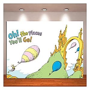 Dr. Seuss Day Castle Congrats Photography Backdrops 5x3ft Oh The Places You'll Go Adventure Begins Photo Background for Back to School Kids' Party Banner Dessert Cake Table Decor Prop