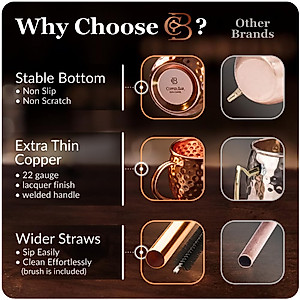 Moscow Mule Copper Mugs | Set of 4 Hammered Cups | 100% HANDCRAFTED Pure Solid Copper | Gift Set With Cocktail Straws | Shot Glass | Coasters | Copper Stirrer & Beer opener By Copper-Bar