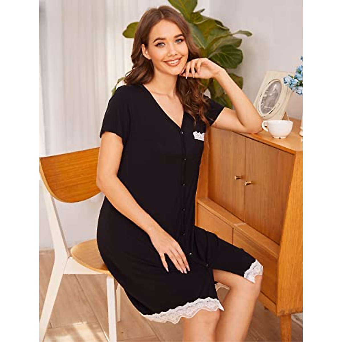 Ekouaer Night Gown Soft V Neck Dress Sleepwear Short Sleeve Button Up Nightgowns