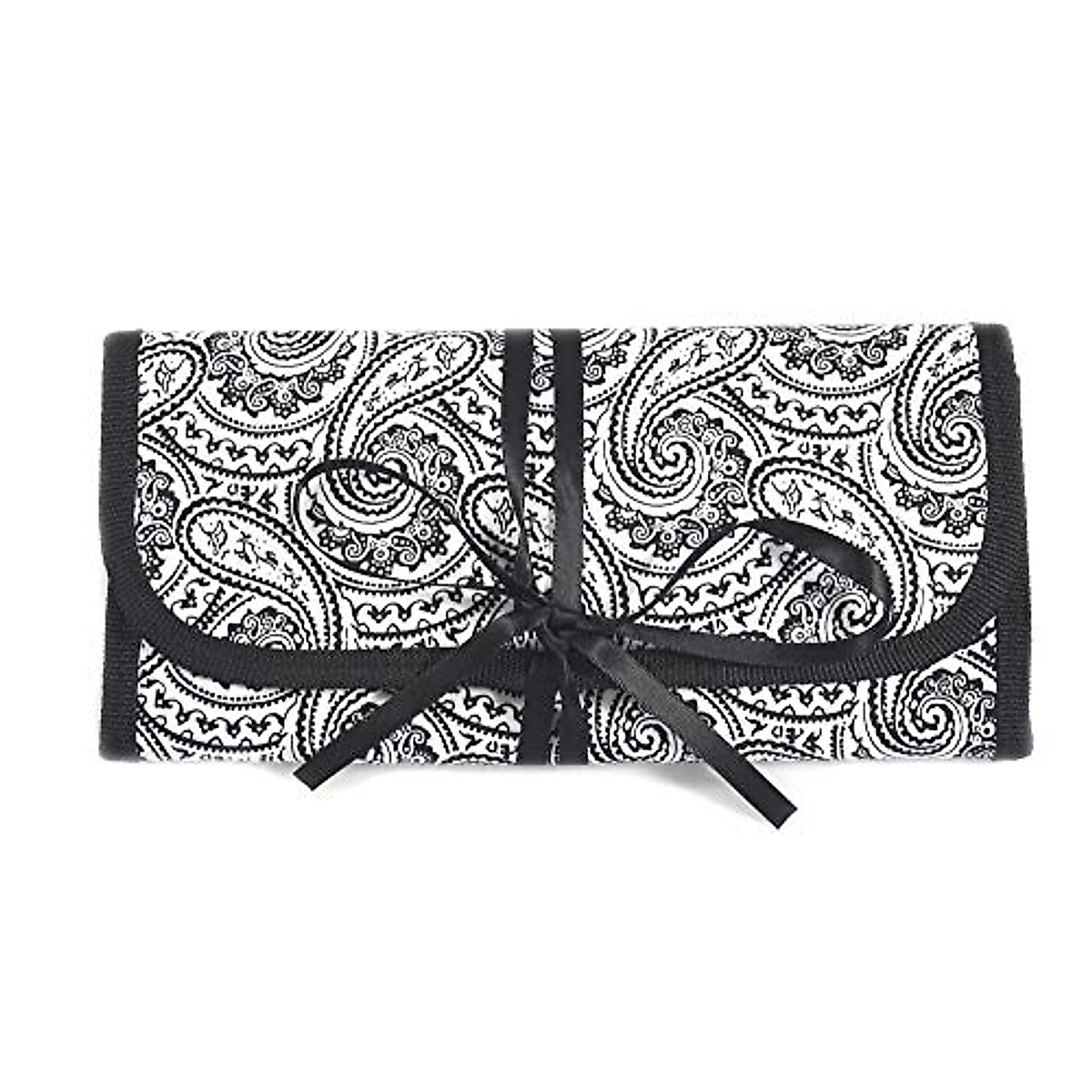 Simplily Co. 8" x 11" Hanging Travel Jewelry & Accessories Organizer Roll Bag (Black & White Paisley Print Exterior & Blue Interior)