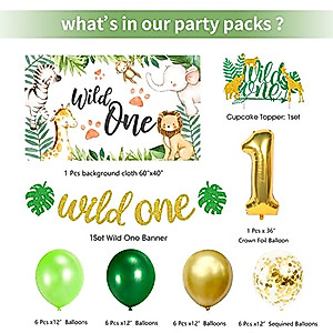 FVABO Wild One Birthday Decorations - Jungle Theme Party Supplies Tableware Includes Plates, Cup, Napkin, Balloon, Backdrop, Tablecloth, Straw, Cutlery, Banner, Safari Theme 1st Birthday Decorations
