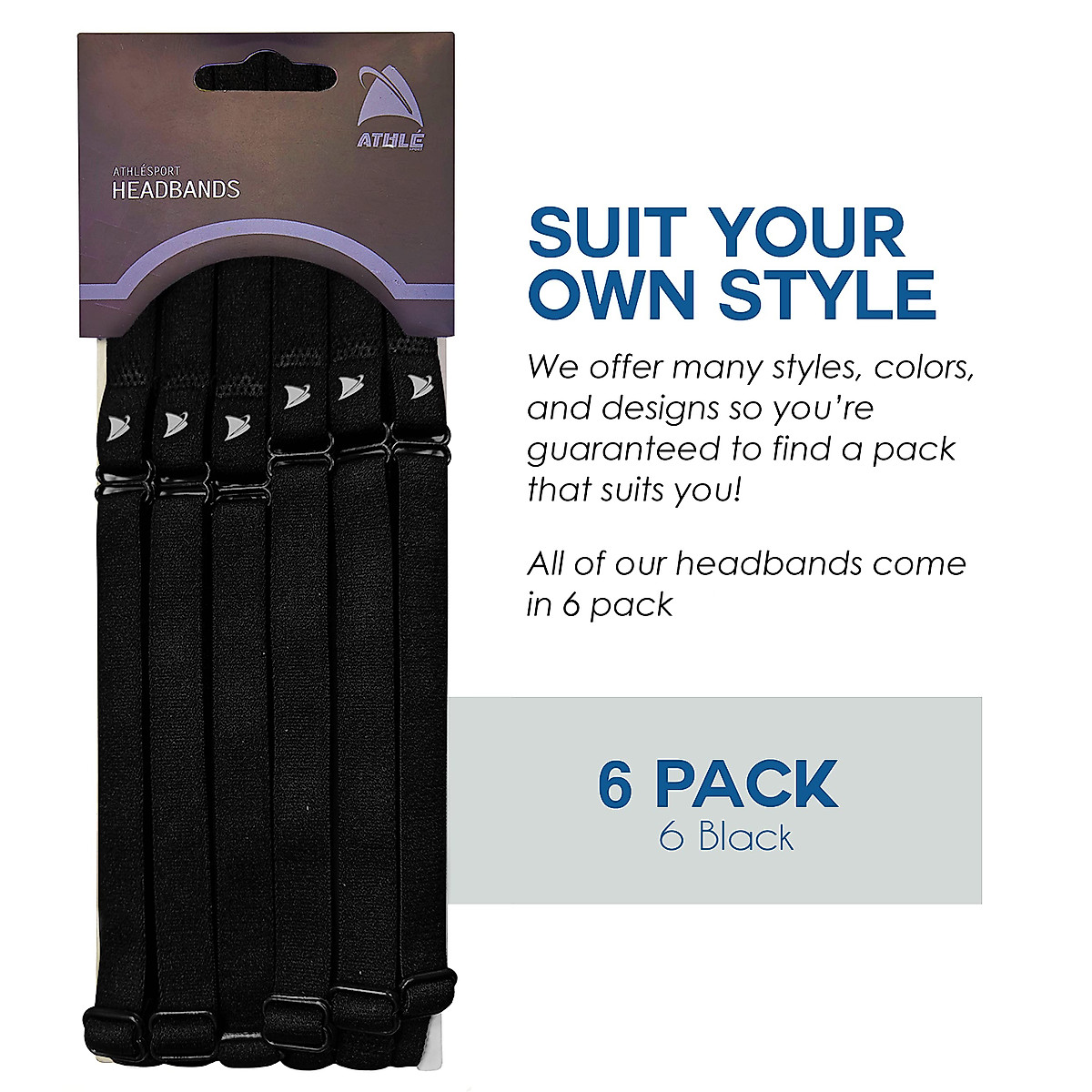 Athlé Adjustable Skinny Headbands for Women and Men - 6 Pack - Elastic Hair Bands with Non Slip Silicone Grip - Lightweight and Comfortable Adjustable Thin Headbands