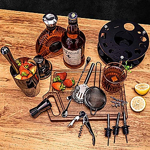 Oyydecor 18 Piece Cocktail Shaker Set with Rotating Stand, Gifts for Men Dad Grandpa, Stainless Steel Bartender Kit Bar Tools Set, Home, Bars, Parties and Traveling (Gun-Metal Black)