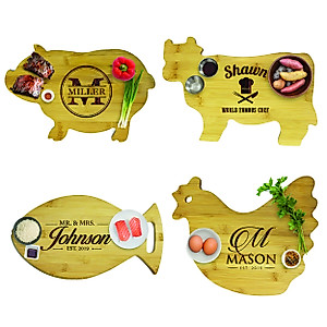 Animal Shaped Bamboo Cutting Boards - Fish, Cow, Pig, Chicken - Personalized Custom Engraved and Monogrammed