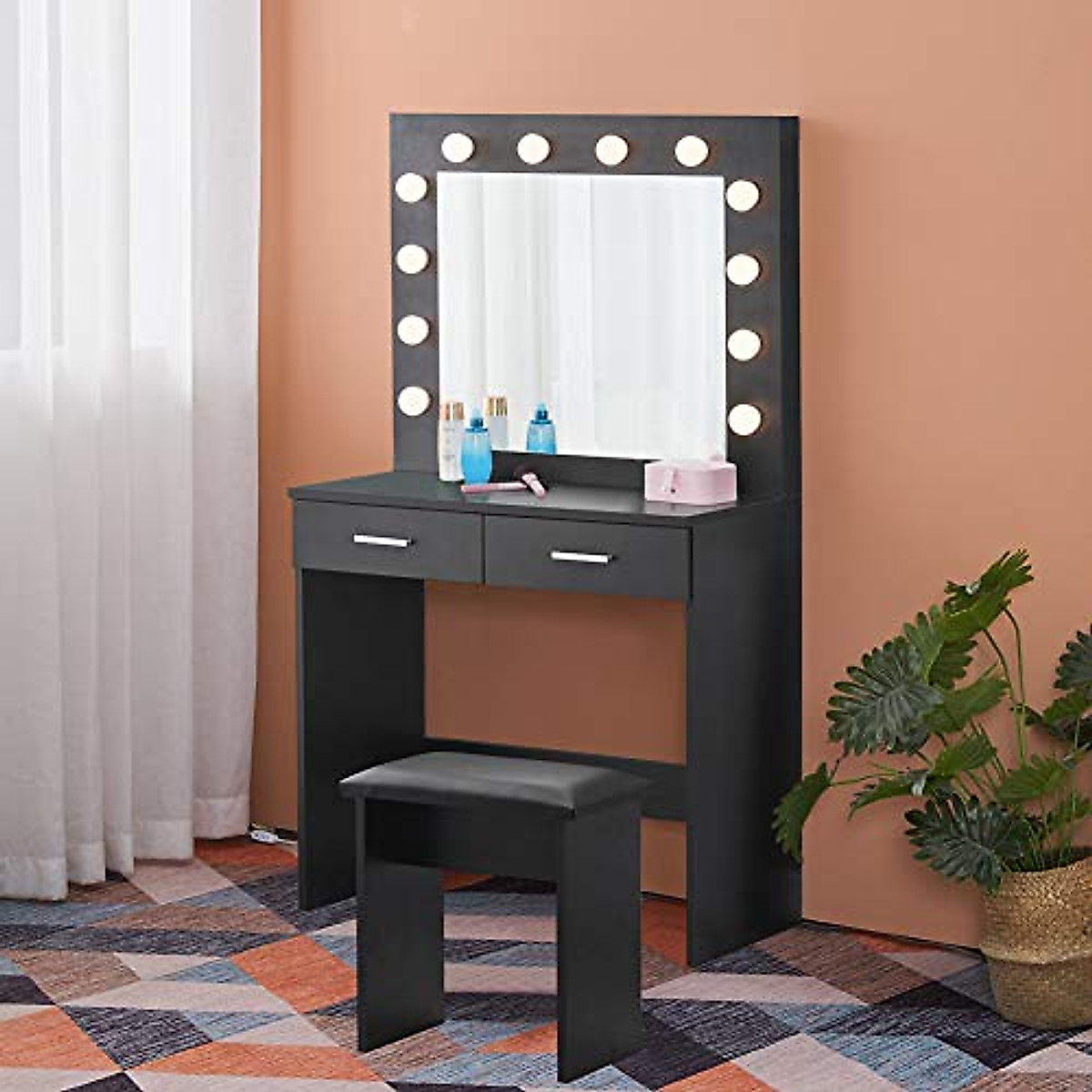OFCASA Vanity Desk with Mirror and Lights, Vanity Set with 3 Colors Lights, Makeup Table with Mirror and Chair, Adjustable Nightstand, Solid Wood Legs, Bedroom Dressing Table (Black)