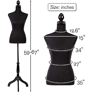 Hkeli Mannequin Torso Female Dress Form Standing Manikin Body Dress 60-67 Inch with Tripod Stand Height Adjustable Woman Body Torso for Sewing Dress Jewelry Display Women, Black