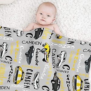 ZOTIMEF Custom Name Car Blanket for Kids - Multi-Fonts Names with Cars Theme Design - Personalized Soft Plush Flannel Blanket for Boys Girls Holidays Birthdays Gifts Grey & Yellow