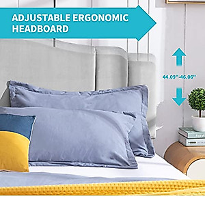 CECER Adjustable Headboard California-King Size Platform Bed Frame | Upholstered Bedframe with Headboard Covered in Dutch Velvet | Solid Wood Slat Support | Easy Assemble-Light Grey