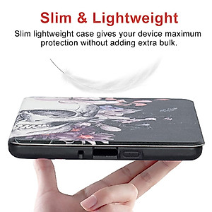 QIYI Case for 6.8" Kindle Paperwhite (11th Generation-2021) & Kindle Paperwhite Signature Edition, Pink Flowers Black PU Leather eBook Reader Smart Cover with Auto Wake/Sleep - Skull in Blossom