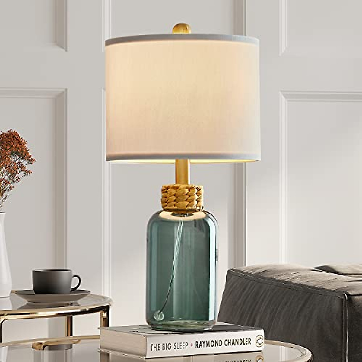 G-SAFAVA 20.25" Modern Glass Table Lamp Set of 2, Small Farmhouse Bedside Lamp Blue Green Nightstand Lamp for Living Room Bedroom Office Dorm