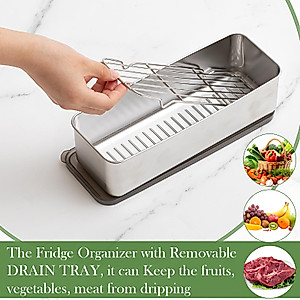 Hushee 3 Set 304 Stainless Steel Containers for Fridge, with Removable Drain Tray, Fruit Bacon Storage Airtight Deli Meat Container with Lids for Fresh Dry Food Storage(10.43 x 3.94 x 2.76 Inch)