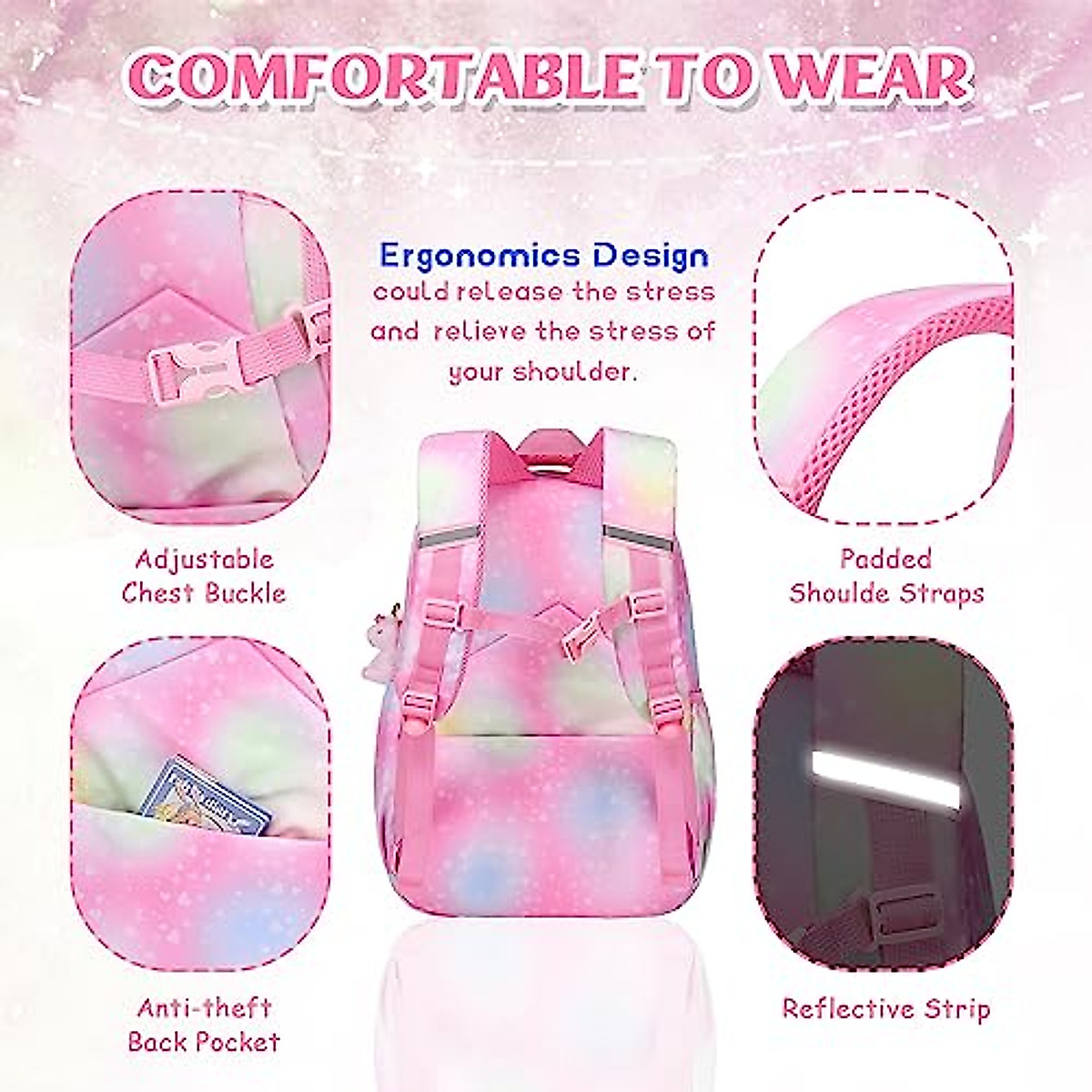 PIG PIG GIRL Girls Backpack, Functional Pockets Kids Backpack Kawaii Lightweight School Backpack Watrer Resistant Book Bag with Unicorn Pendant for Primary Elementary School,Pink