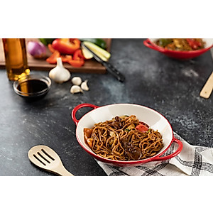 KooK Stir Fry Bowl, Wok Dish, Classic Thai, Ceramic Mini Wok, Stoneware Serving Bowls, For Soups and Pastas, Oven, Dishwasher and Microwave Safe, Cherry Red, 40 oz, Set of 2