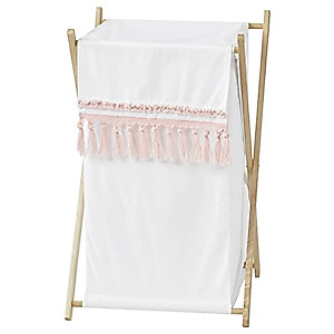 Sweet Jojo Designs Boho Bohemian Baby Kid Clothes Laundry Hamper - Blush Pink and White Farmhouse Shabby Chic Designer Modern Minimalist Tassel Fringe Macrame Cotton