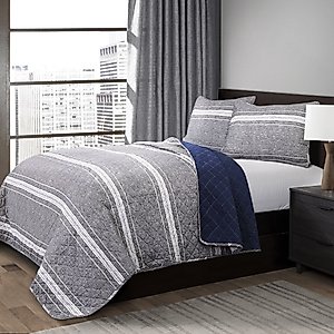 Lush Decor Marlton Stripe Quilt | Reversible Pattern 3 Piece Bedding Set - King - Gray