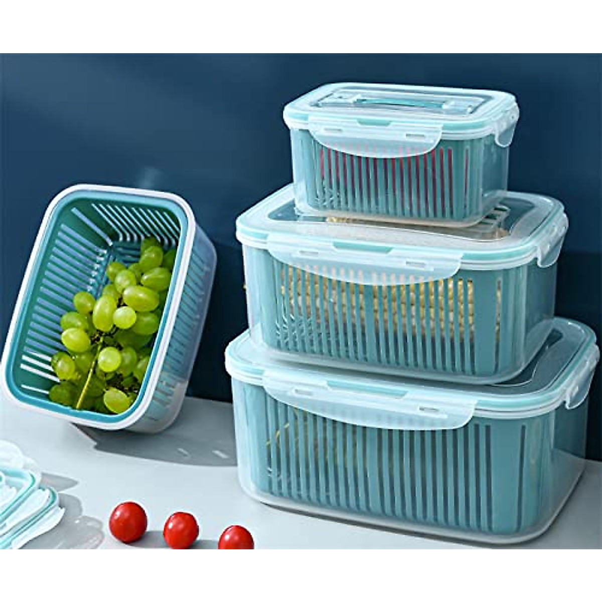 Fruit Storage Containers for Fridge, 5 Sizes, with Drain Basket and Lid, Suitable for Kitchen, Refrigerator Fruit and Vegetable Storage,XL/5800ML