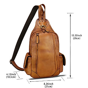 FEIGITOR Genuine Leather Sling Bag Handmade Retro Crossbody Backpack Purse Chest Shoulder Hiking Daypack Fanny Pack (Brown)