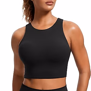 CRZ YOGA Butterluxe Racerback High Neck Longline Sports Bras for Women - Padded Workout Crop Tank Tops with Built in Pads Black Large