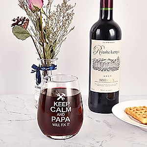 Funny Dad Wine Glass - Keep Calm And Papa Will Fix It Stemless Wine Glass 15Oz, Unique Father’s Day Gift for Dad Papa Father New Dad Husband from Daughter, Son, Wife, Dad Gift for Birthday, Christmas
