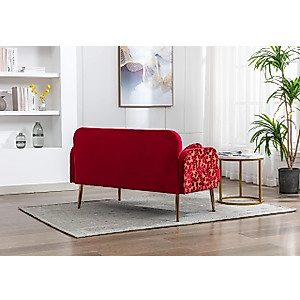 HomJoones 55.12" Accent Sofa, Velvet Sofa, Mid Century Modern Velvet Fabric Couch, Recliner Couch Accent Sofa Loveseat Sofa with Gold Metal Feet (Red)