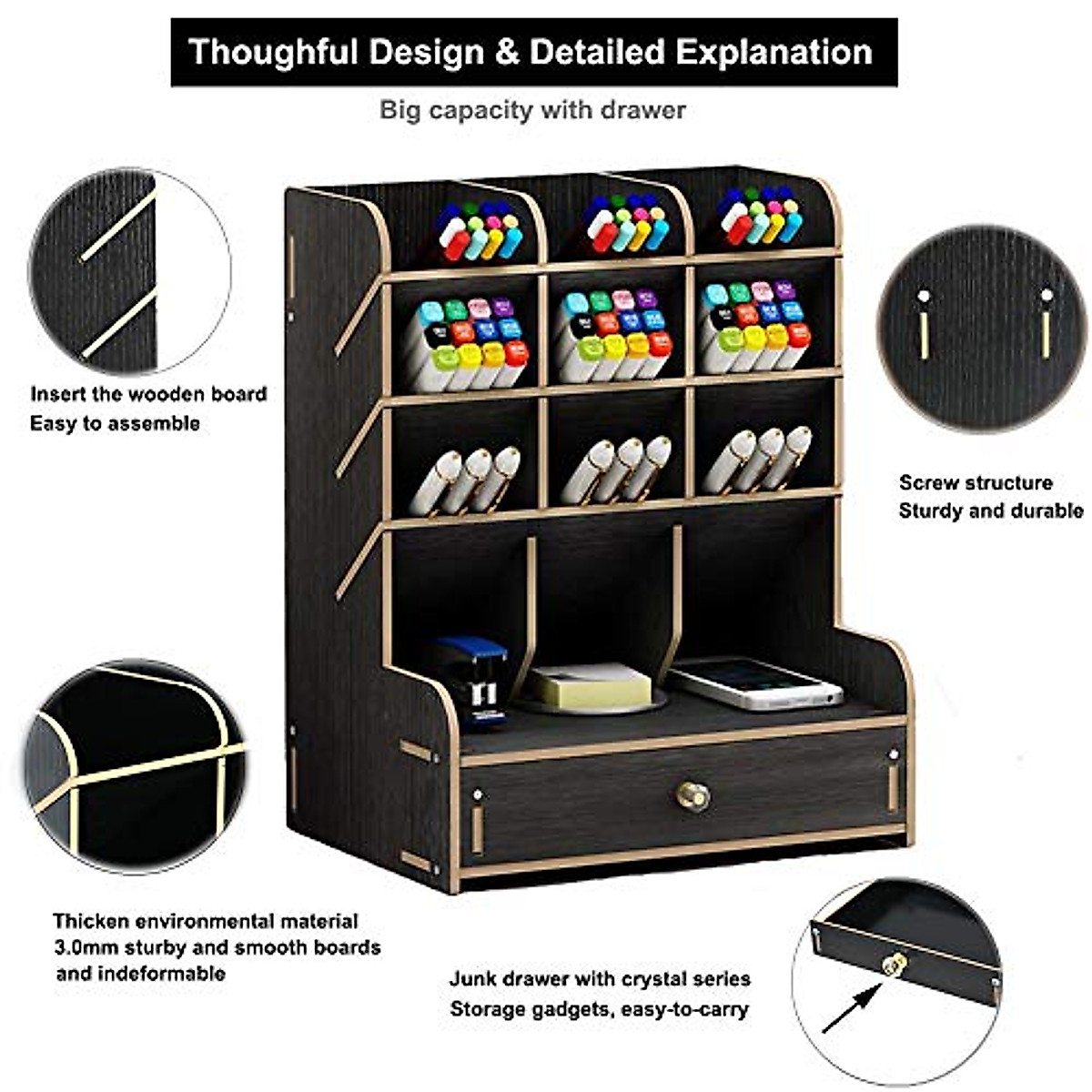 Marbrasse Wooden Desk Organizer, Multi-Functional DIY Pen Holder, Pen Organizer for desk, Desktop Stationary, Easy Assembly, Home Office Art Supplies Organizer Storage with Drawer (B11-Black)