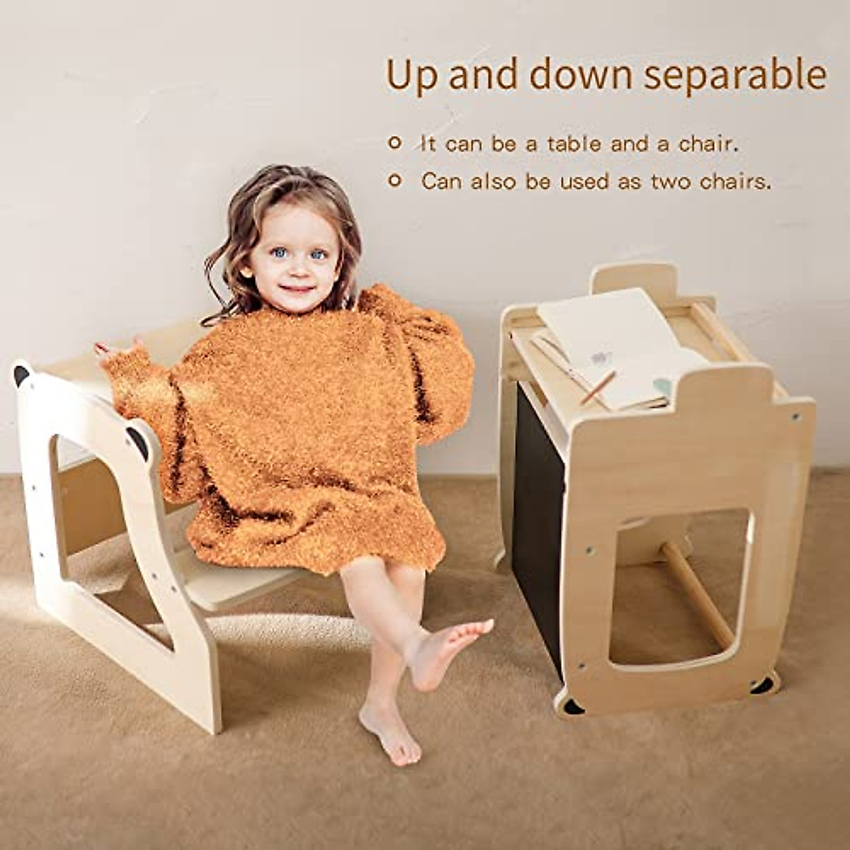 Wooden Kids Step Stool Helper with Safety Rail, Toddlers Learning Chair Adjustable Height Stepping Stand with Drawing Blackboard Child Standing Tower Helper for Bathroom and Kitchen