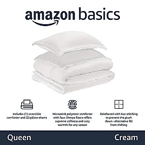Amazon Basics Ultra-Soft Micromink Sherpa Comforter 3-Piece Bedding Set, Full/Queen, Cream, Solid