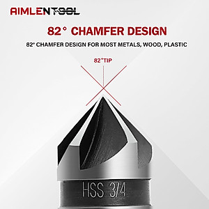 AIMLENTOOL 5 Pcs Countersink Drill Bit Set, 82 Degree 5 Flute High-Speed Steel Countersink Drill Bit with 1/4” Hex Shank, 1/4" to 3/4" Size for Machinable Metals, Wood, Carbon Steel, in Aluminum Case