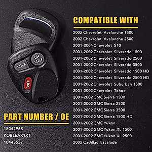 Key Fob Replacement Fit for Chevy Silverado Suburban 1500 Tahoe S10 Avalanche GMC Sierra Yukon Cadillac Escalade 2001 2002 2003 2004, 3 Button #KOBLEAR1XT 15042968 Keyless Entry Remote Control Set 2