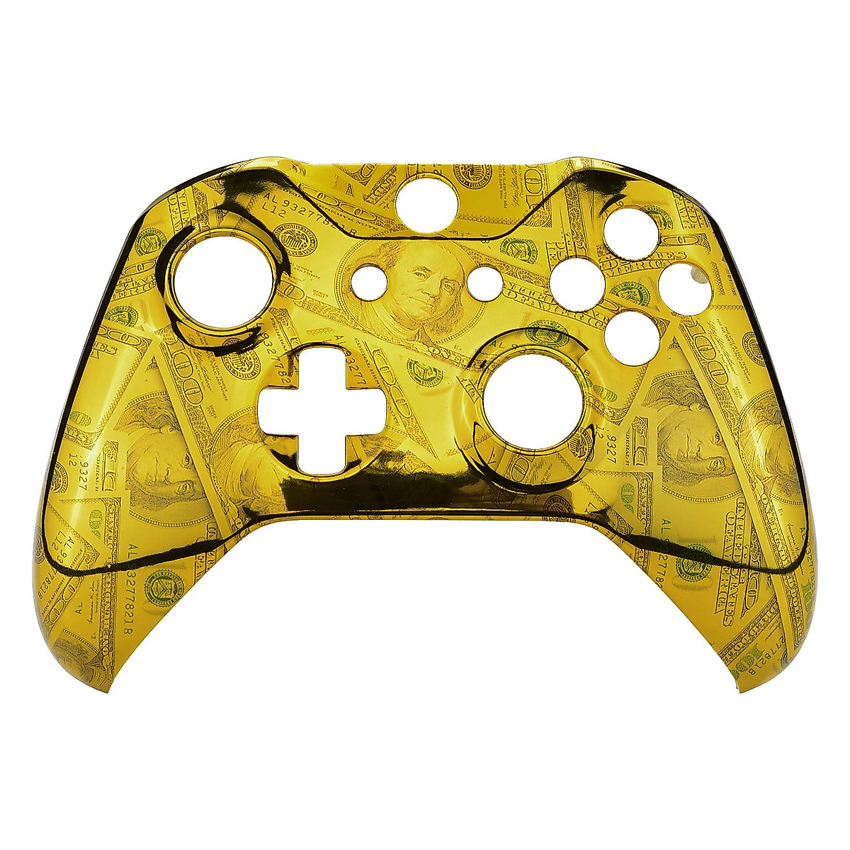eXtremeRate Chrome Gold 100 Cash Money Dollar Front Housing Shell Case, Glossy Patterned Faceplate Cover Replacement Kit for Xbox One S & One X Controller (Model 1708)