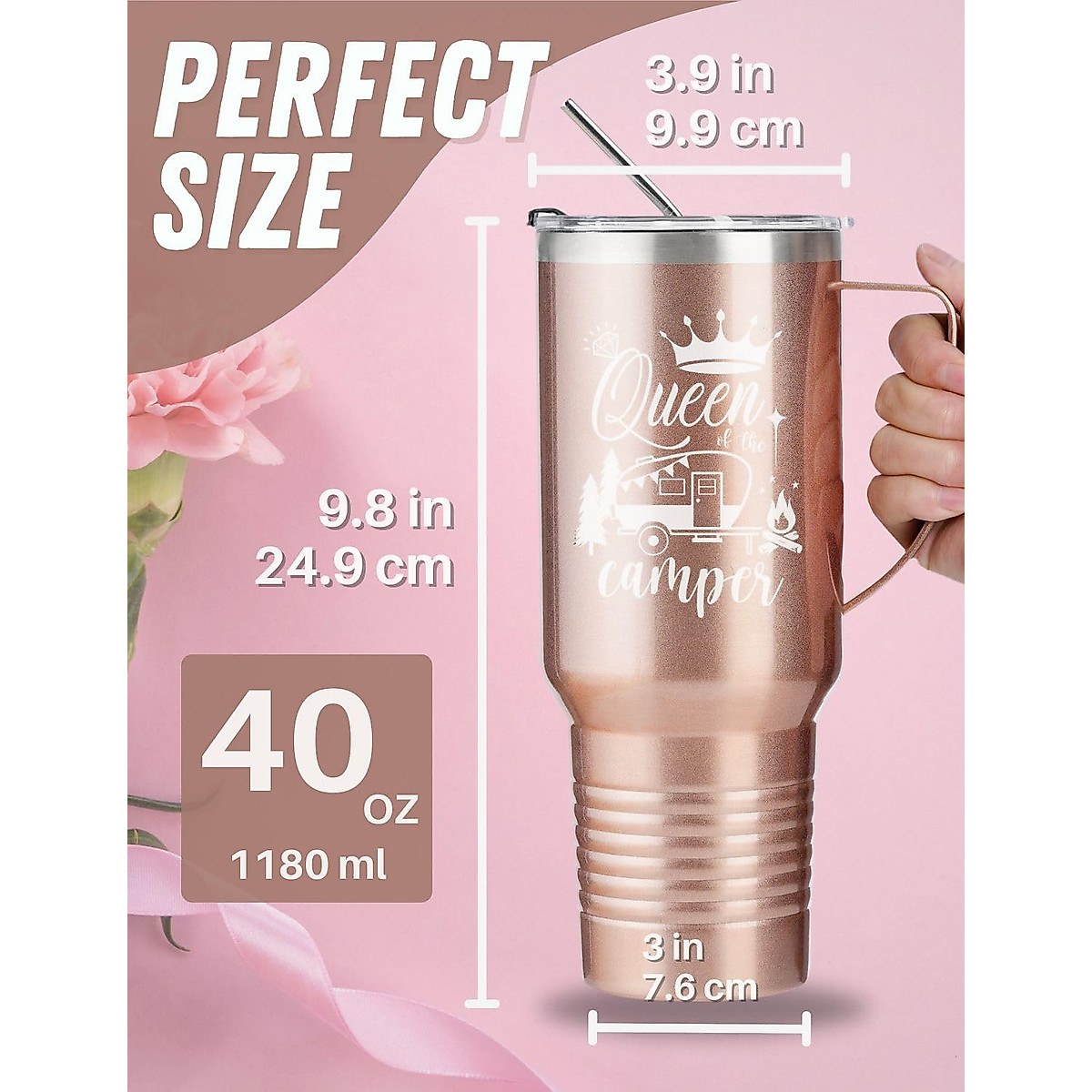 Onebttl Queen of the Camper Tumbler RV Gifts for Women, Coffee Mug for Campers, RV Enthusiasts, Motorhome Owners, Stainless Steel Insulated 1180ml/40oz