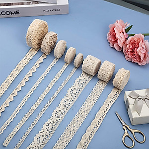 40 Yards Cotton Lace Trim Vintage Lace Ribbon Crochet Cotton Lace Scalloped Edge for Bridal Wedding Decoration Christmas Package DIY Sewing Craft Supply, 5 Yards Each, 8 Styles (Beige)