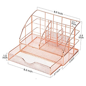 ARCOBIS Rose Gold Desk Organizer with Drawer for Women, Office Desktop Pen Holder Caddy with 5 Compartments + 1 Large Drawer | The Mesh Collection