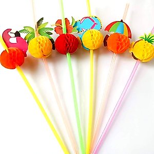 24PCS 3D Hawaii Drinking Straws Honeycomb Tropical Hawaiian Beach Theme Disposable Drinking Straws Fruit Straws Tropical for Summer Beach Pool Luau Parties Bars Restaurants Kitchen and more