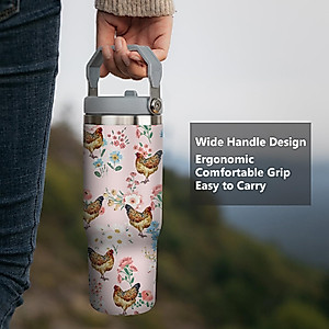30oz Chicken Tumbler with Handle and Straw, Pink Chicken Stainless Steel Vacuum Insulated Flip Straw Coffee Cups Spill Proof Travel Mug, Chicken Rooster Decor Stuff Gifts for Women Chicken Lover