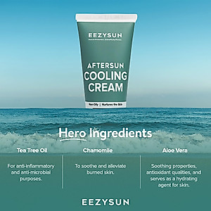 EEZYSUN AfterSun Cooling Cream | Vegan AfterSun Care with Aloe Vera, Tea Tree Oil, & Chamomile to Soothe, Hydrate, & Repair Sunburn | Dermatologically Tested 3.3 FL OZ