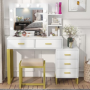 PAKASEPT Vanity Set with Lighted Mirror, Large Desk Makeup Dressing Table 9 LED Lights, 5 Drawers, Storage Shelves&Cushioned Stool for Bedroom, White, 45.51''L * 15.74''W * 51.37 ''H